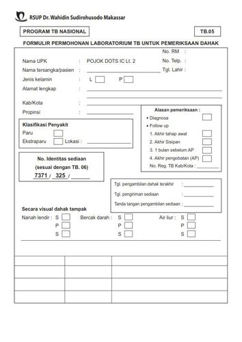 Form TB 05 (Formulir permohonan laboratorium TB untuk pemeriksaan dahak)