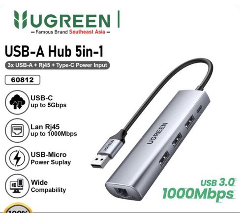 UGREEN Hub USB 3.0 4 Port With Lan RJ45 Gigabit Ethernet Adapter 60812