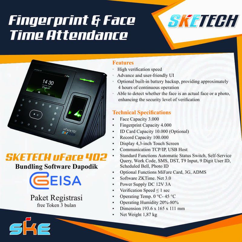 Bundling SKETECH uFace 402 dan Aplikasi Absensi Dapdodik