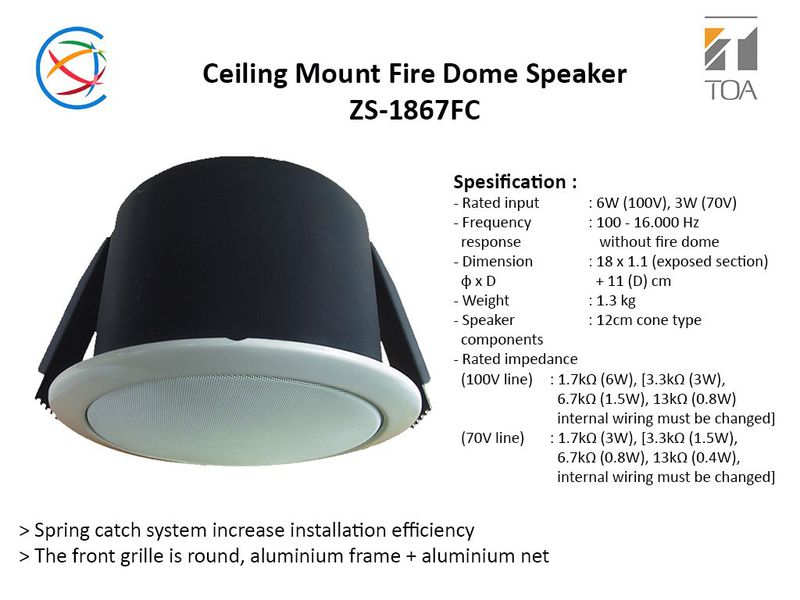Ceiling Mount Fire Dome Speaker TOA ZS-1867FC Speaker Plafon