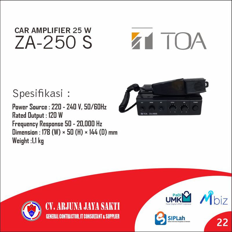 TOA Car Amplifier 25 W (DC)+sirene+mic ZA-250S