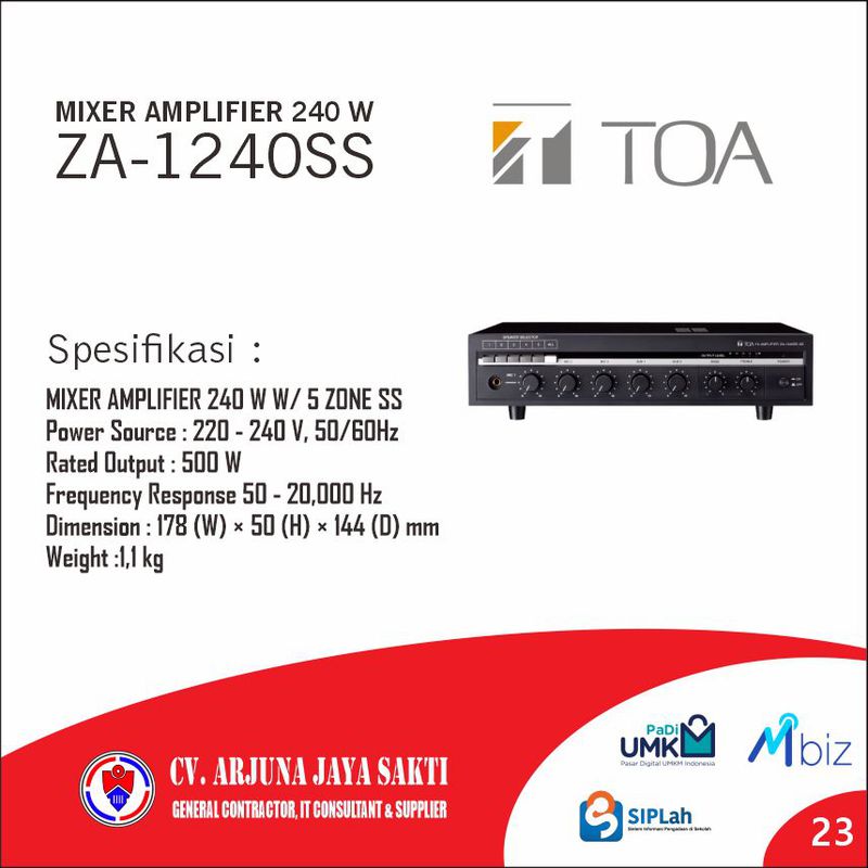 TOA Mixer Amplifier 240 W with 5 Zone SS ZA-1240SS