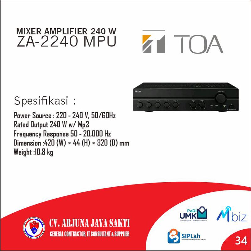 TOA Mixer Amplifier 240 W with Mp3 ZA-2240 MPU