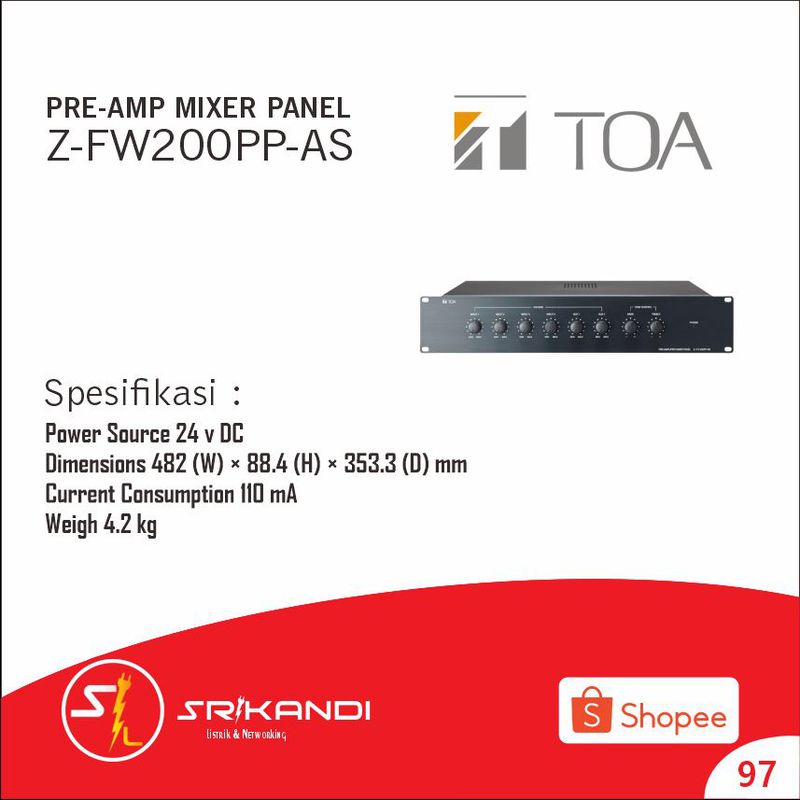 TOA Pre-Amplifier Mixer Panel Z-FV200PP-AS