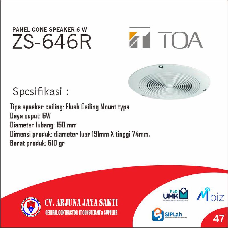 TOA Panel Cone Speaker 6 W ZS-646R