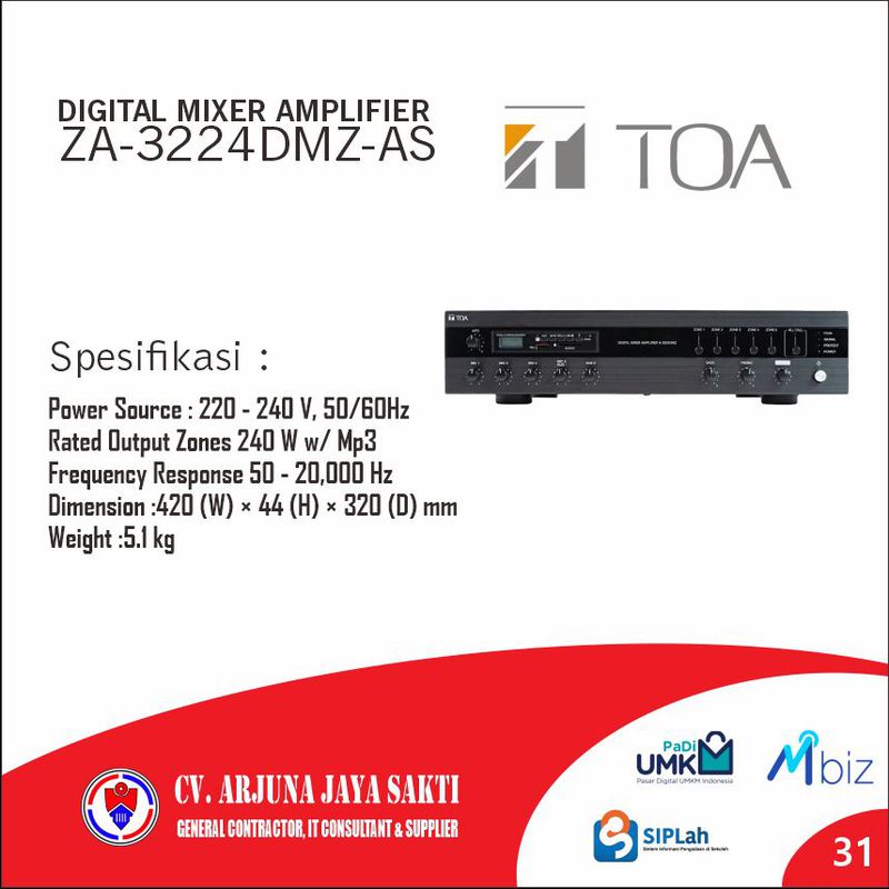 TOA Digital Mixer Amplifier w/ Mp3, Zones 240W ZA-3224DMZ-AS