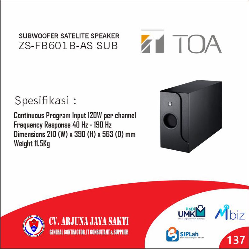 TOA Subwoofer Satelite Speaker ZS-FB601B SUB
