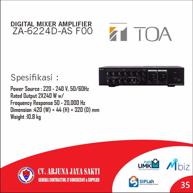 TOA Digital Mixer Amplifier 2x240w ZA-6224D-AS F00