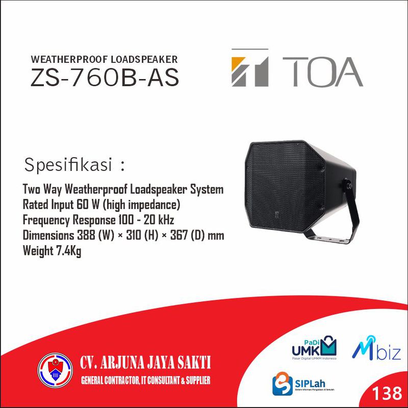 TOA Two Way Weatherproof Loudspeaker ZS-760B-AS