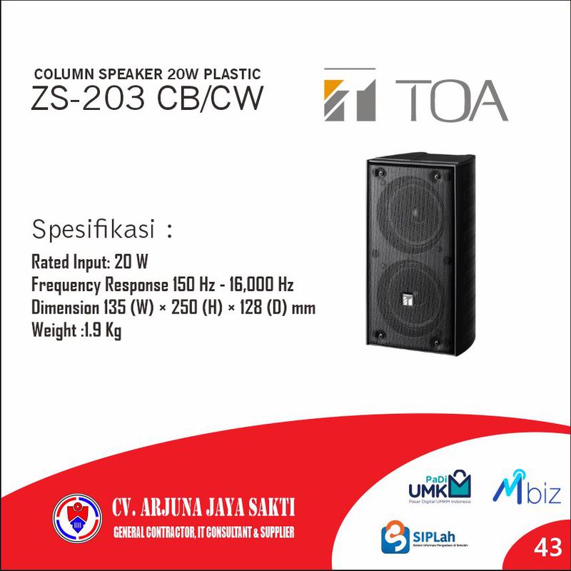 TOA Column Speaker 20 W Plastic ZS-203 CB / CW