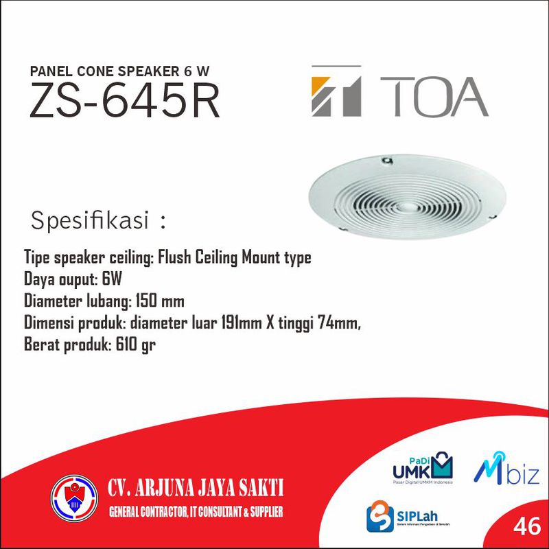 TOA Panel Cone Speaker 6 W ZS-645R