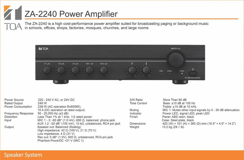 TOA ZA 2240 AMPLIFIER 100% ORIGINAL MIXER POWER 240 WATT ASLI