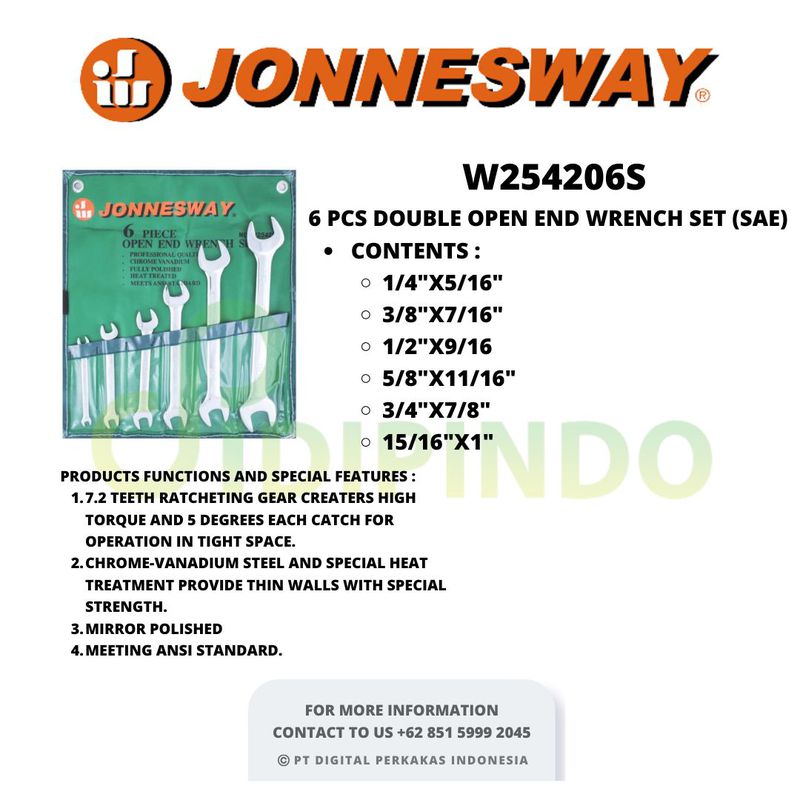 Jonnesway W254206S - 6 PCS DOUBLE OPEN END WRENCH SET (SAE)