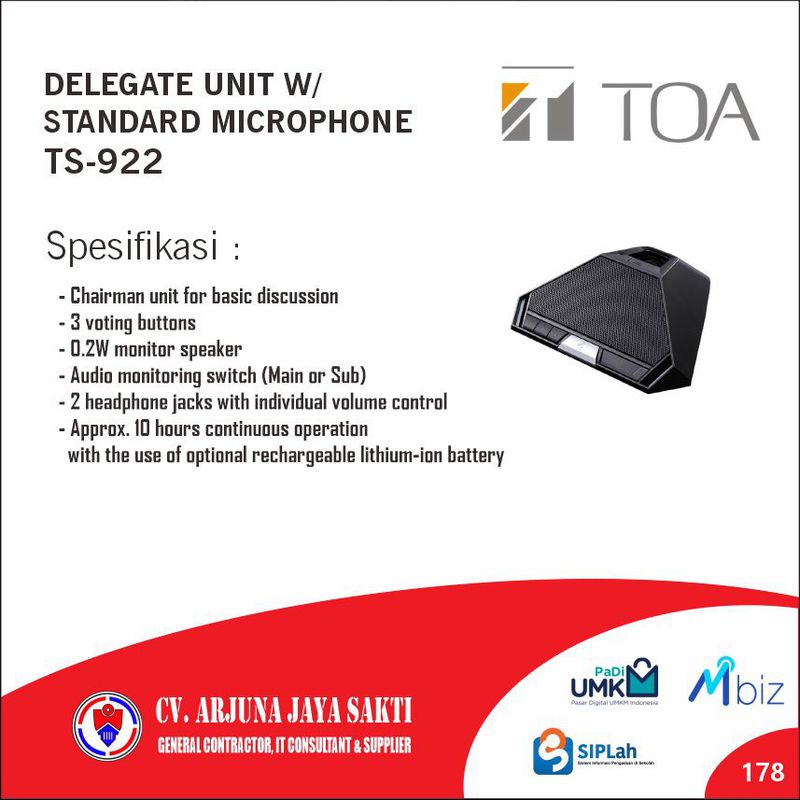 TOA DELEGATE UNIT W/STANDARD MICROPHONE TS-922