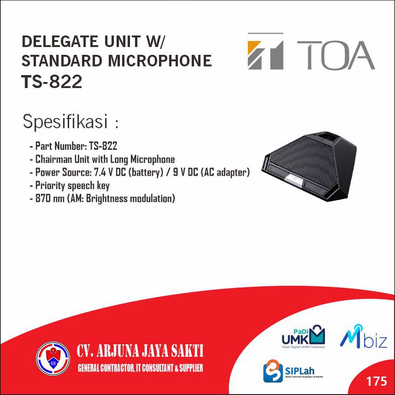 TOA DELEGATE UNIT W/STANDARD MICROPHONE TS-822
