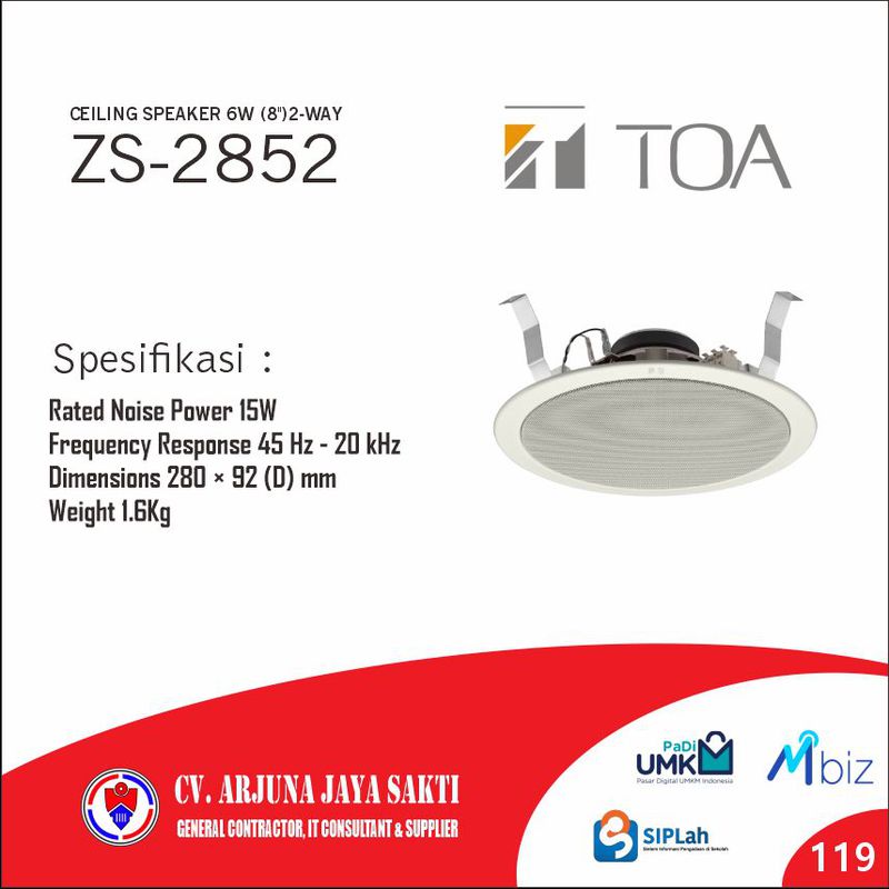 TOA Ceiling Speaker 6 W (8") 2-Way ZS-2852