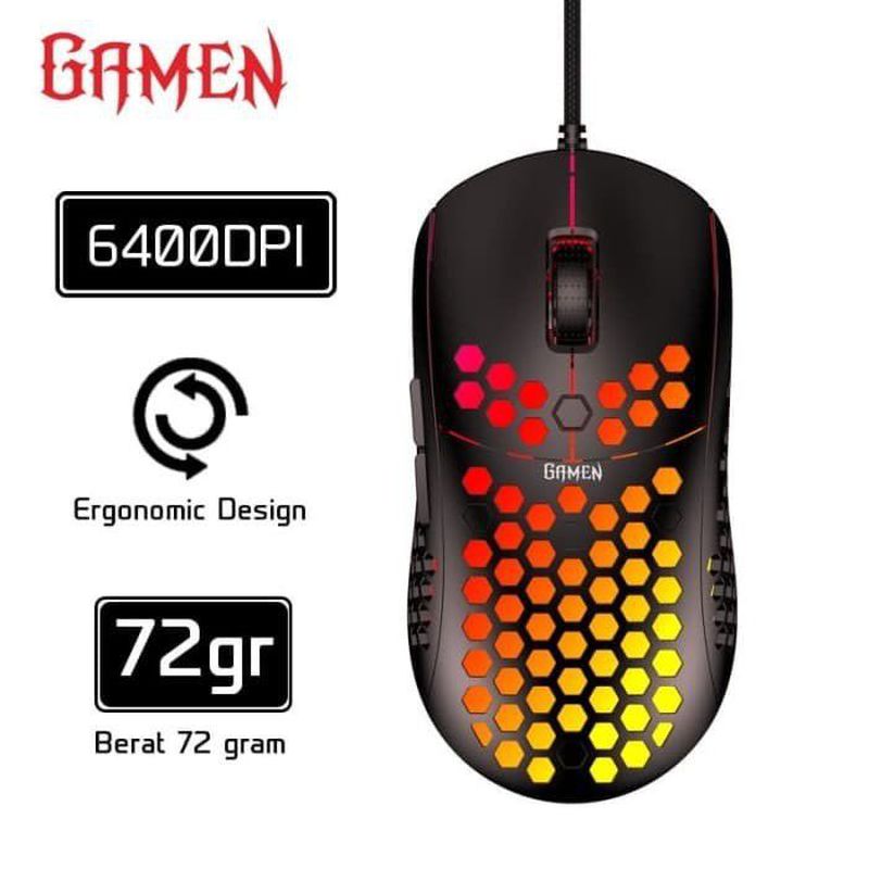 GAMEN GM710 Gaming Mouse 6400DPI Wired Optical Mouse Gaming with RGB LED Lighting Effect