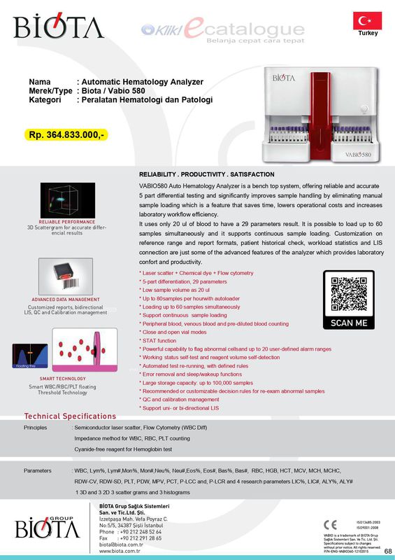 Automatic Hematology Analyzer Merek/Type : Biota / Vabio 580