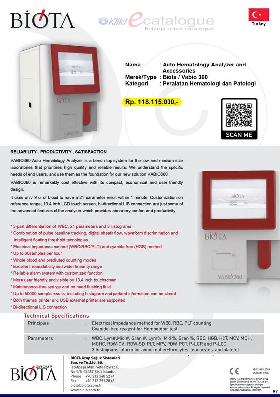 Auto Hematology Analyzer and Accessories Merek/Type : Biota / Vabio 360