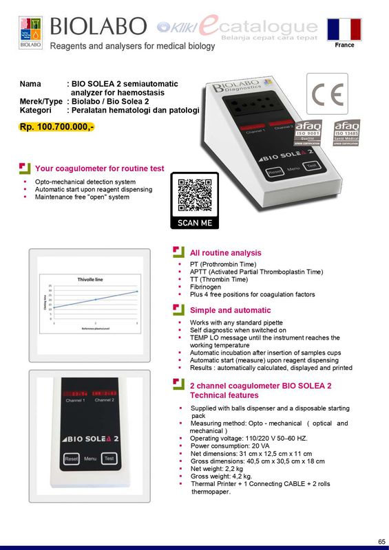 BIO SOLEA 2 semiautomatic analyzer for haemostasis Merek/Type : Biolabo / Bio Solea 2
