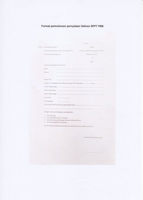 Format Permohonan Pernyataan Salinan SPPT PBB