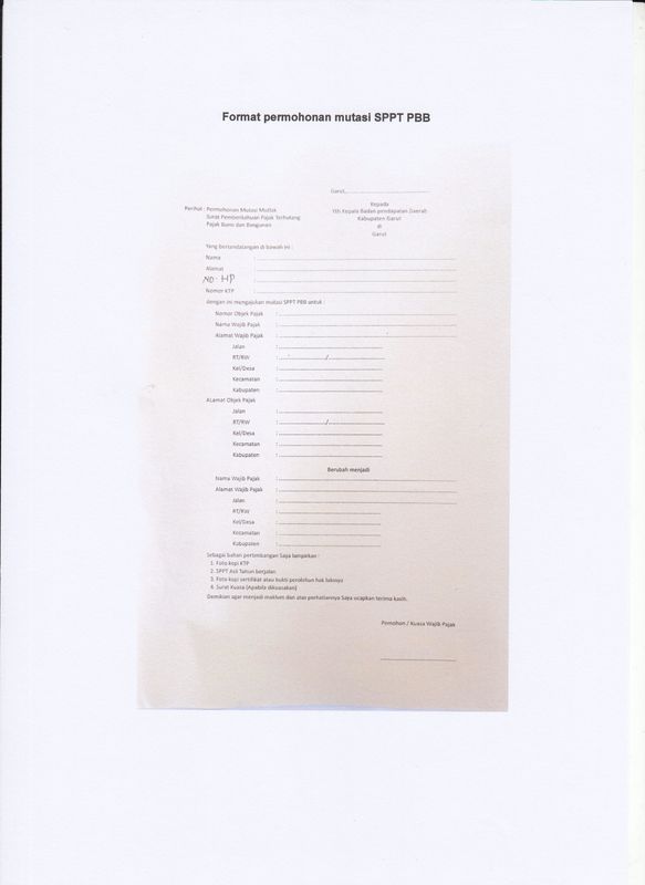 Format Permohonan Mutasi SPPT PBB