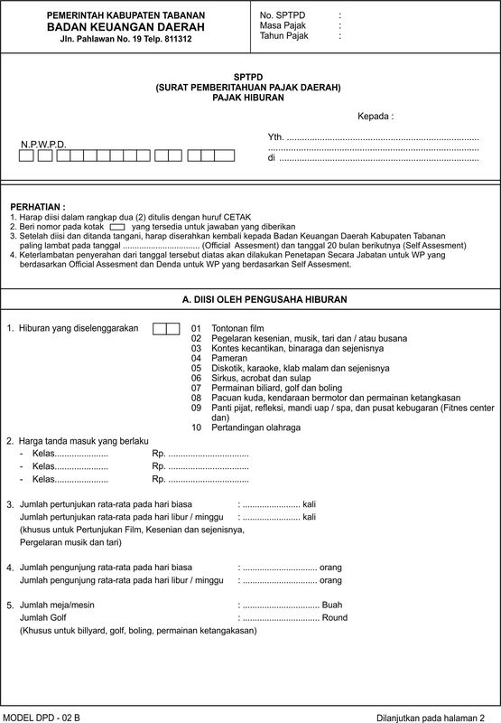 Cetak Blangko SPTPD (2 Halaman) Pajak Hiburan