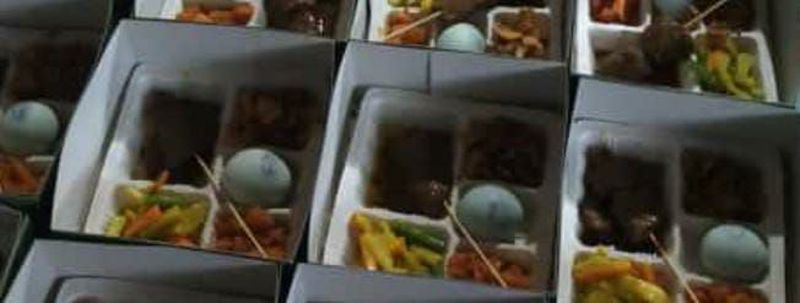 Nasi Dus Isi Ayam/Rendang, ramesan, buah, Kerupuk