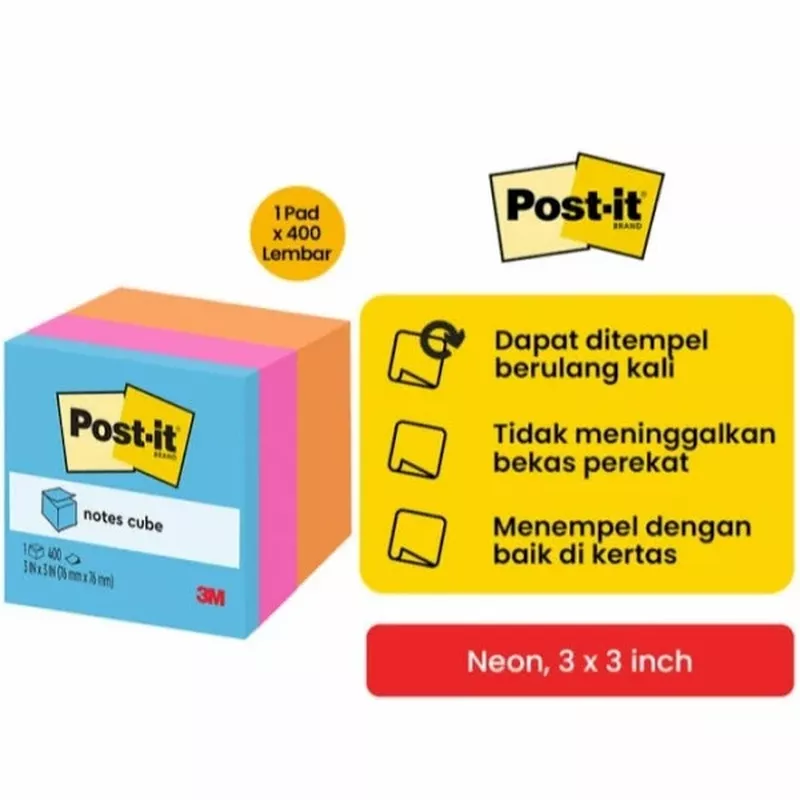 3M post it sticky note cube neon col collection 2053-ELT-O 3x3 400lbr