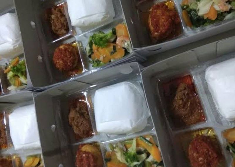 nasi kotak samabal rendang/dendeng + buah+ kerupuk+buah ni