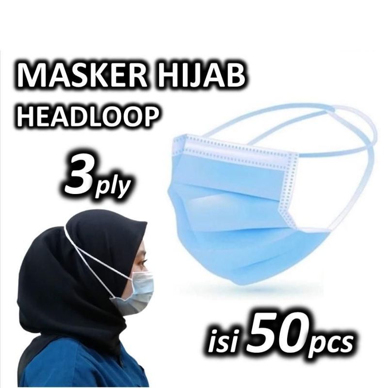 MASKER HIJAB HEADLOOP 3 PLY ISI 50 PCS