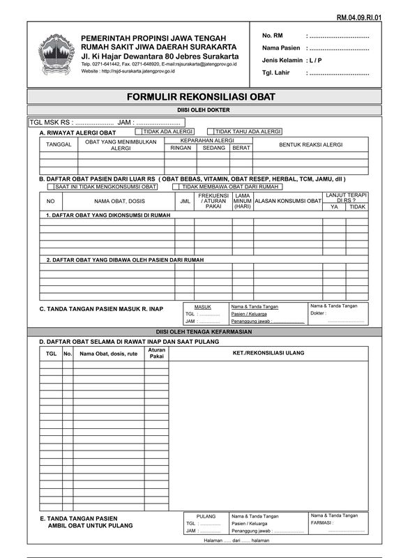 Dokumen "Formulir Rekonsiliasi Obat"