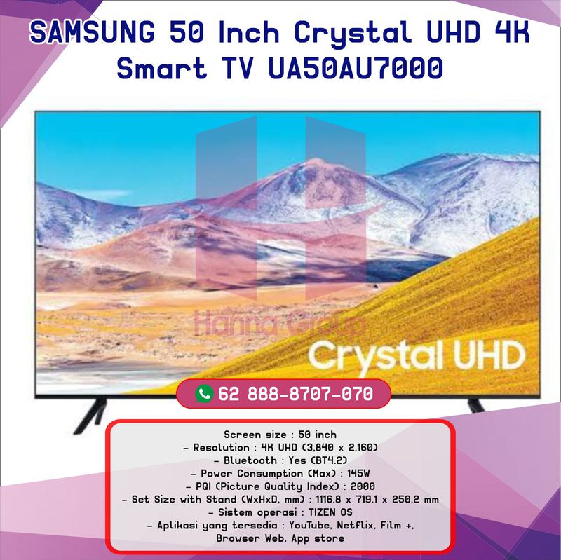 SAMSUNG 50 Inch Crystal UHD 4K Smart TV UA50AU7000