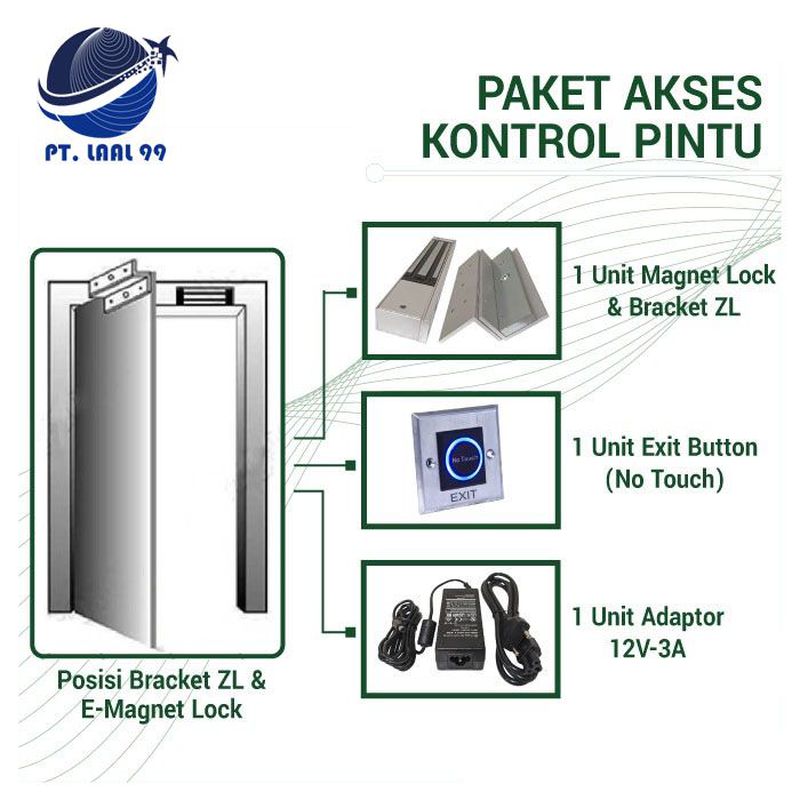 PAKET AKSES KONTROL MAGNET LOCK+BRACKET ZL, EXIT NOTOUCH, ADAPTOR 3A