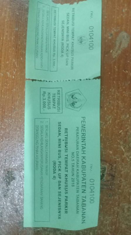 Karcis retribusi tempat khusus parkir roda 4