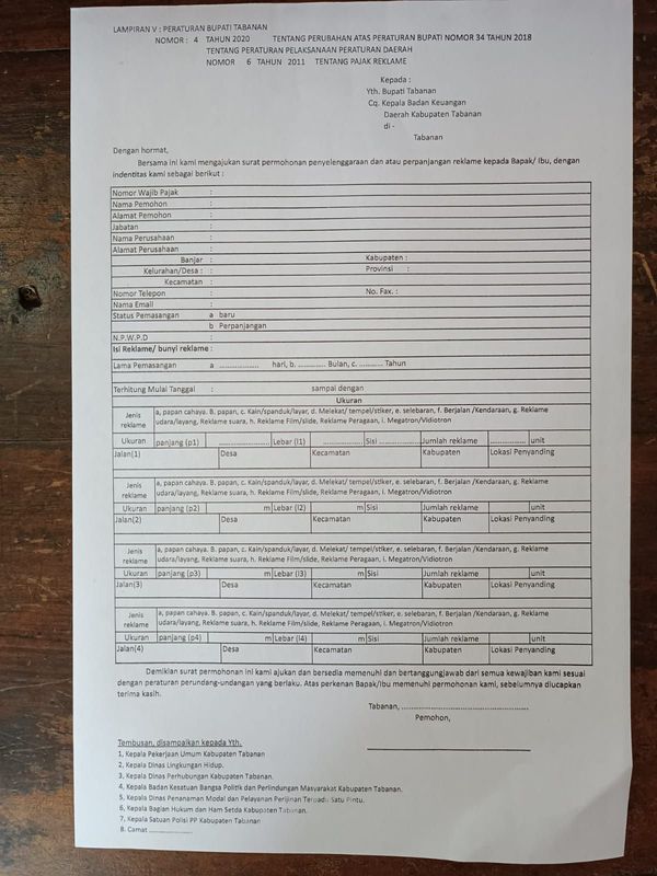 Cetak Blangko SPTPD (2 Halaman) pajak reklame