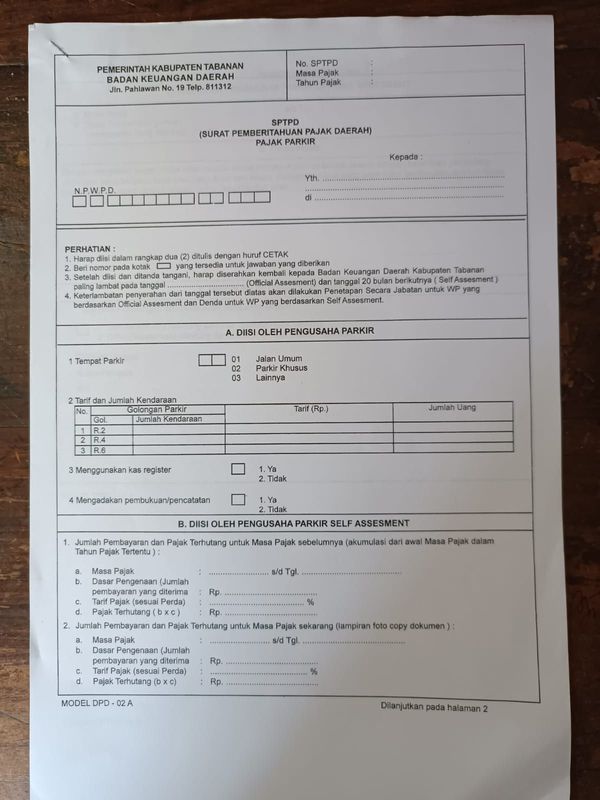 Cetak Blangko SPTPD (1 halaman ) pajak parkir