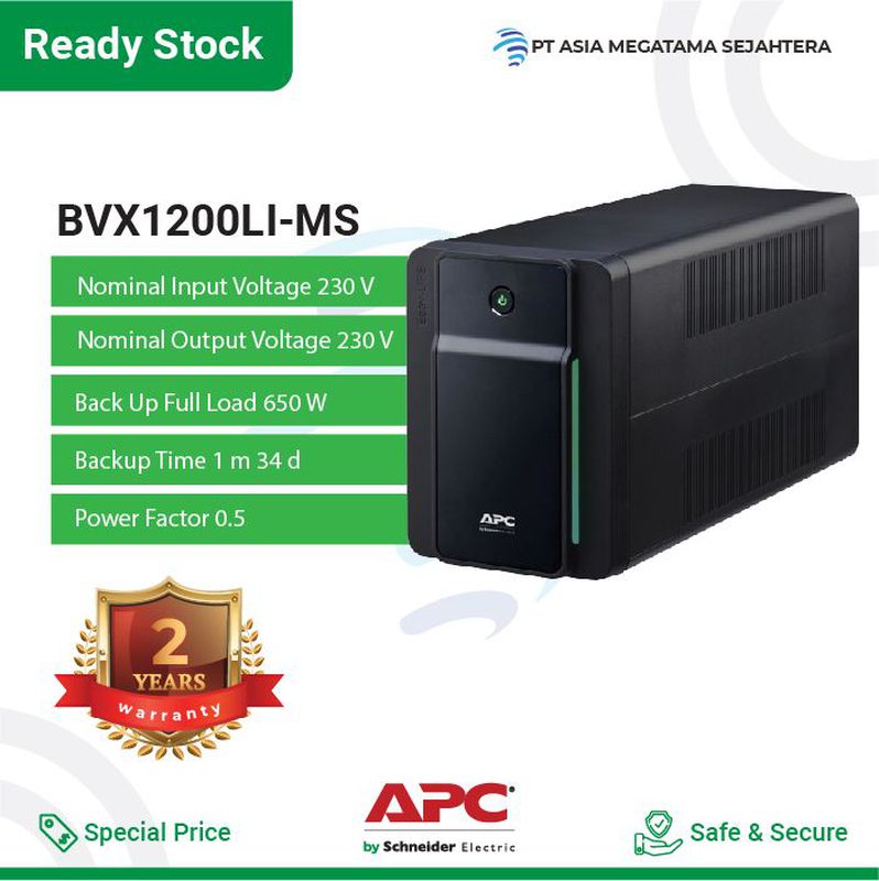 APC BVX1200MI-MS, Easy UPS 1200VA, 230V, AVR, Universal Sockets