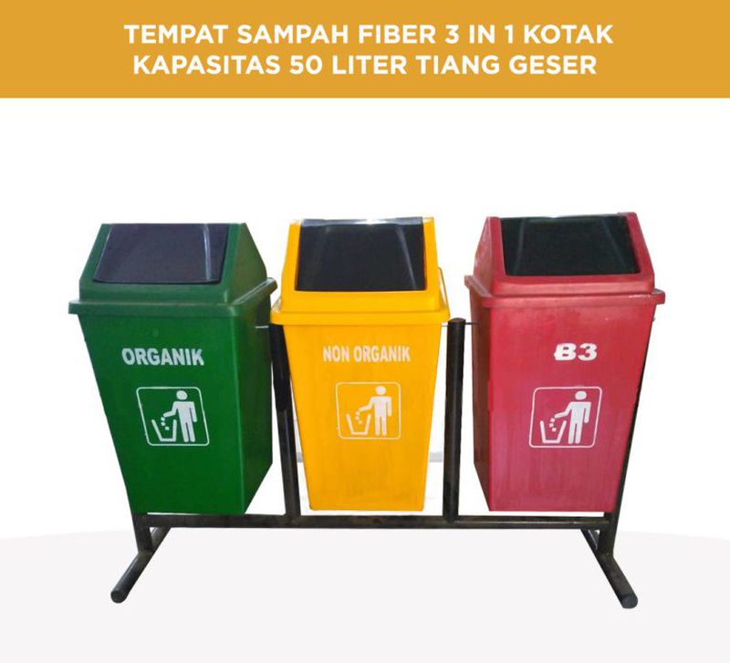 TEMPAT SAMPAH FIBER 3 IN 1 KOTAK KAPASITAS 50 LITER TIANG GESER