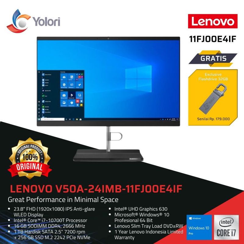 Lenovo V50a-24IMB AIO i7-10700T 16GB 1TB+256GB Intel UHD Windows 10 Pro ...
