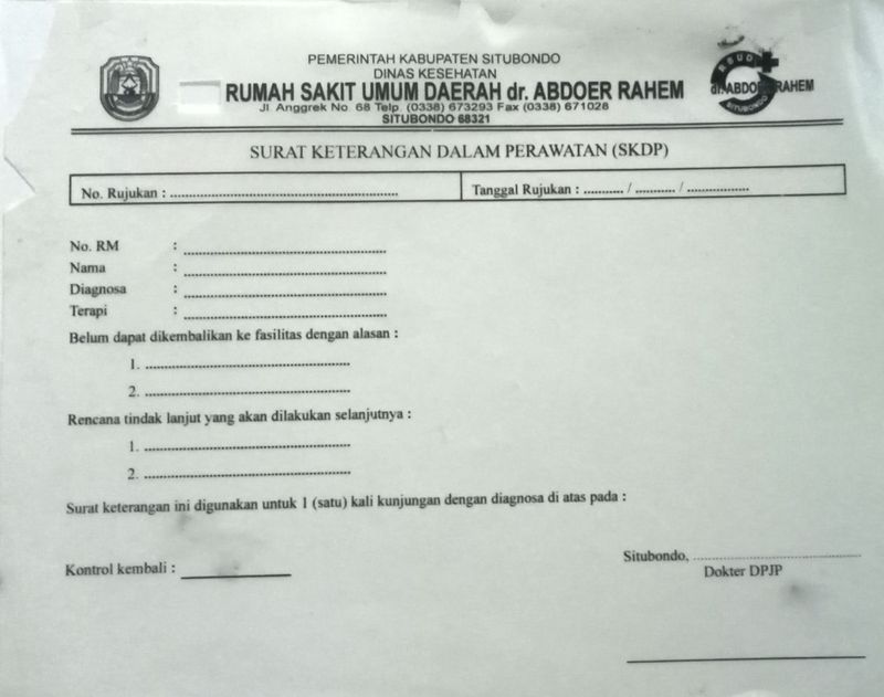 Surat keterangan Dalam Perawatan (SKDP). RSAR