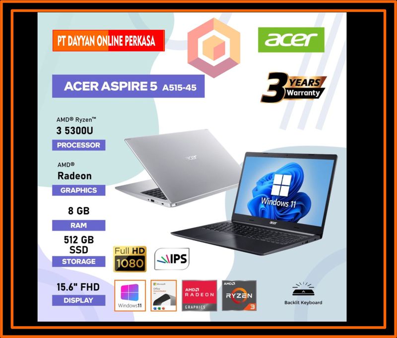 ACER ASPIRE 5 A515-45 AMD RYZEN 3-5300U DDR4 8GB 512GB 15.6" W10 OHS ...