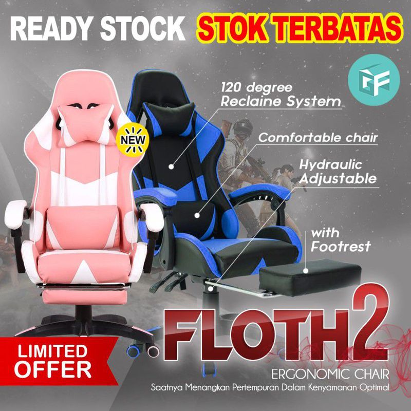 Promo Kursi Gaming / Gaming Chair Premium Quality Floth 2 - Abu-Abu