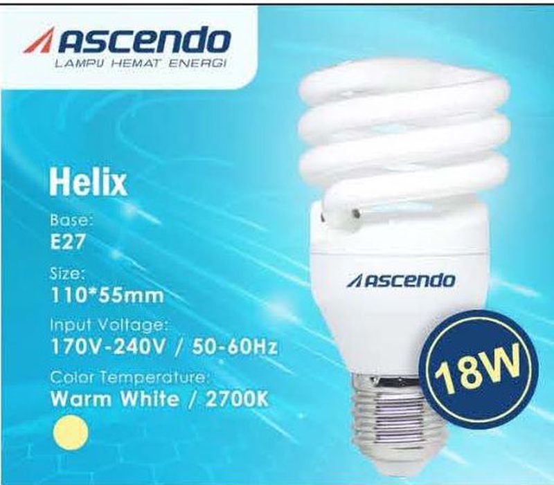Lampu CFL Helix - Ulir 18 Watt Kuning 2700K Warmwhite Fitting E27 - Ascendo
