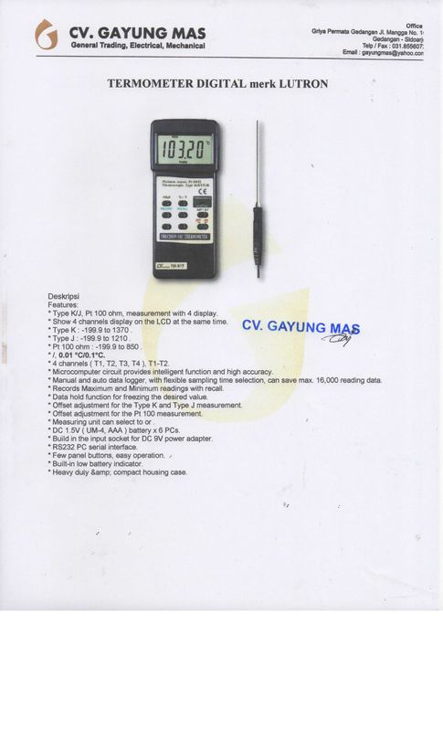 Thermometer Digital wiyh Probe/sensor Merk Lutron TM917 type K