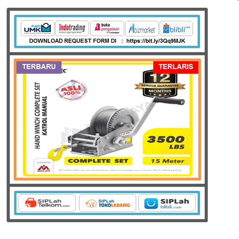 TJM-Hand Winch / Katrol Manual 1200lbs / 540Kg x 15 M Galv POWERTEC