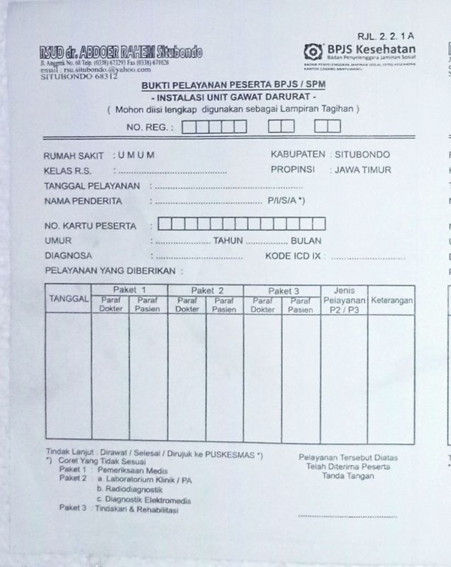 Bukti Pelayanan Peserta BPJS / SPM Kesehatan IGD. RSAR