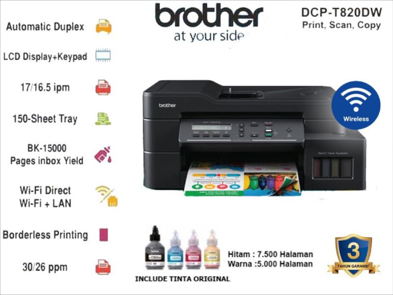 Printer Brother AIO (Print, Scan, Copy) Ecotank DCP-T820DW Wifi + ADF