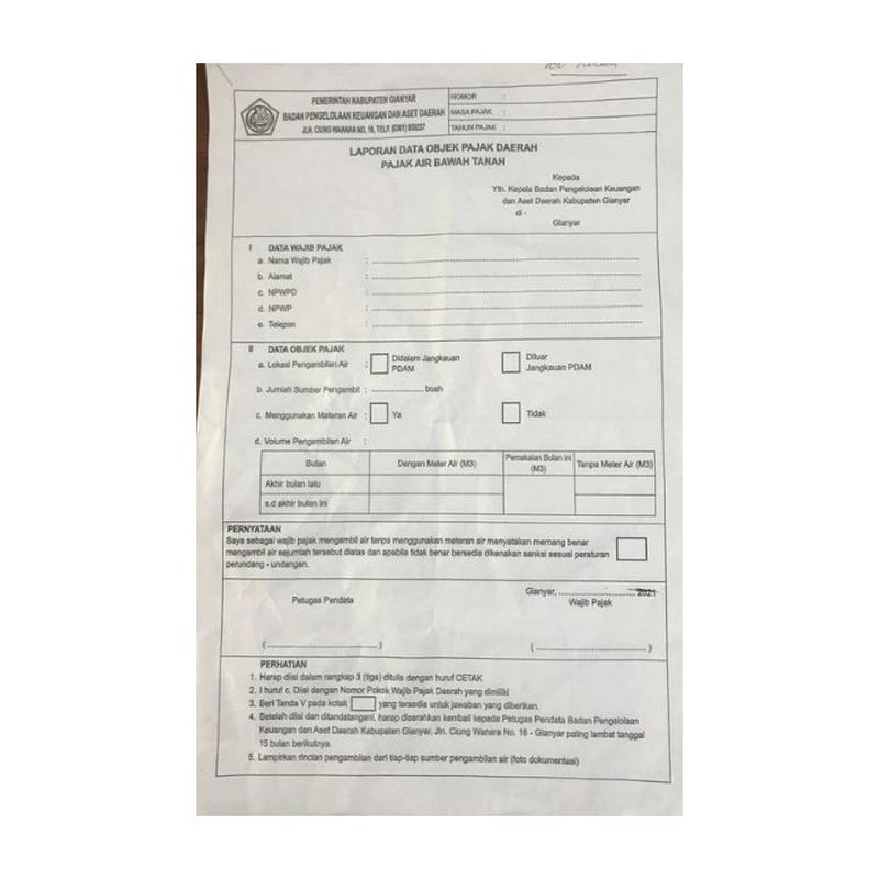 Cetak Form Laporan data Objek Pajak Daerah Pajak Air Bawah Tanah