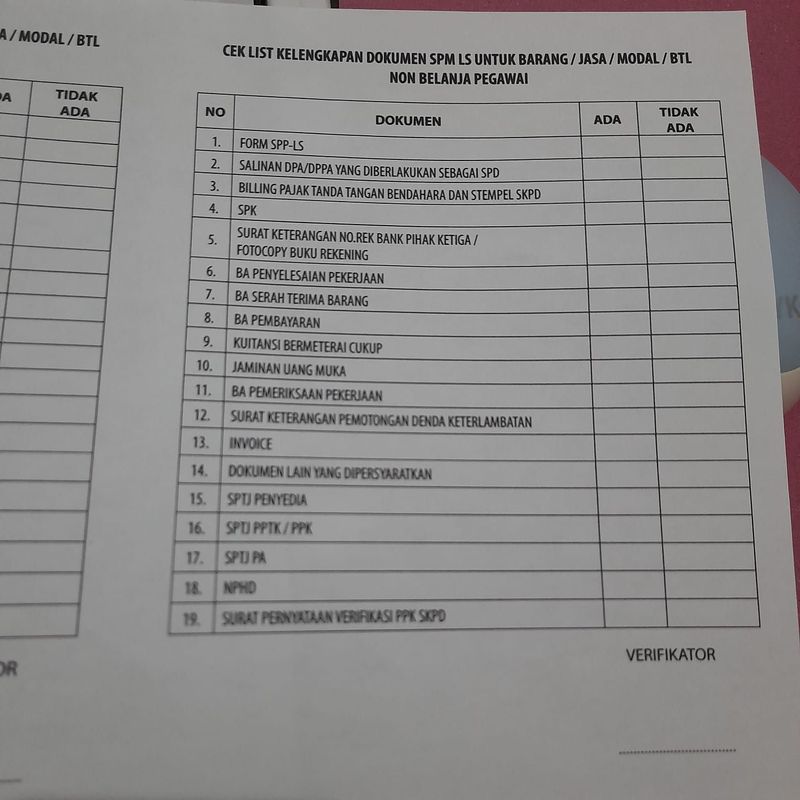 Cek List kelengkapan Dokumen SPM LS Untuk Barang /Jasa/ Modal/ BTL Non ...